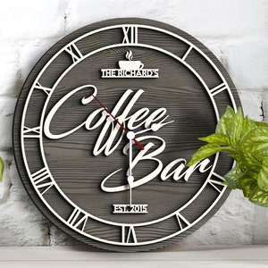 Personalized Coffee Bar Clock Sign, 3D Round Wooden Wall Clock, Custom ...