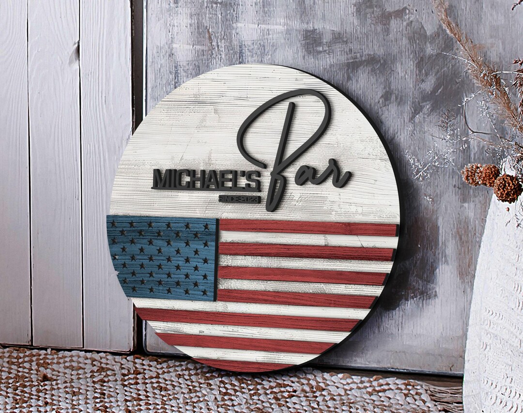 Personalized Bar Sign With USA Flag Design, Round Wooden Sign, Whiskey ...