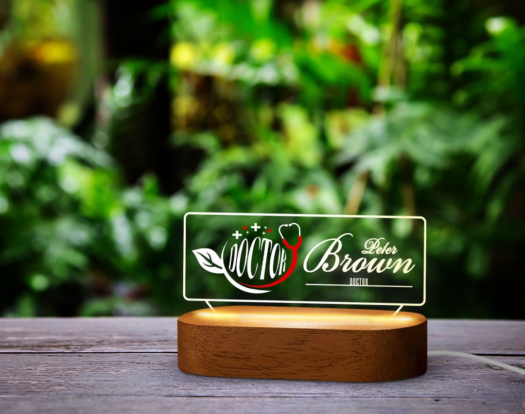 LED Light Doctor Desk Name Plate With Natural Wood Base, Personalized ...