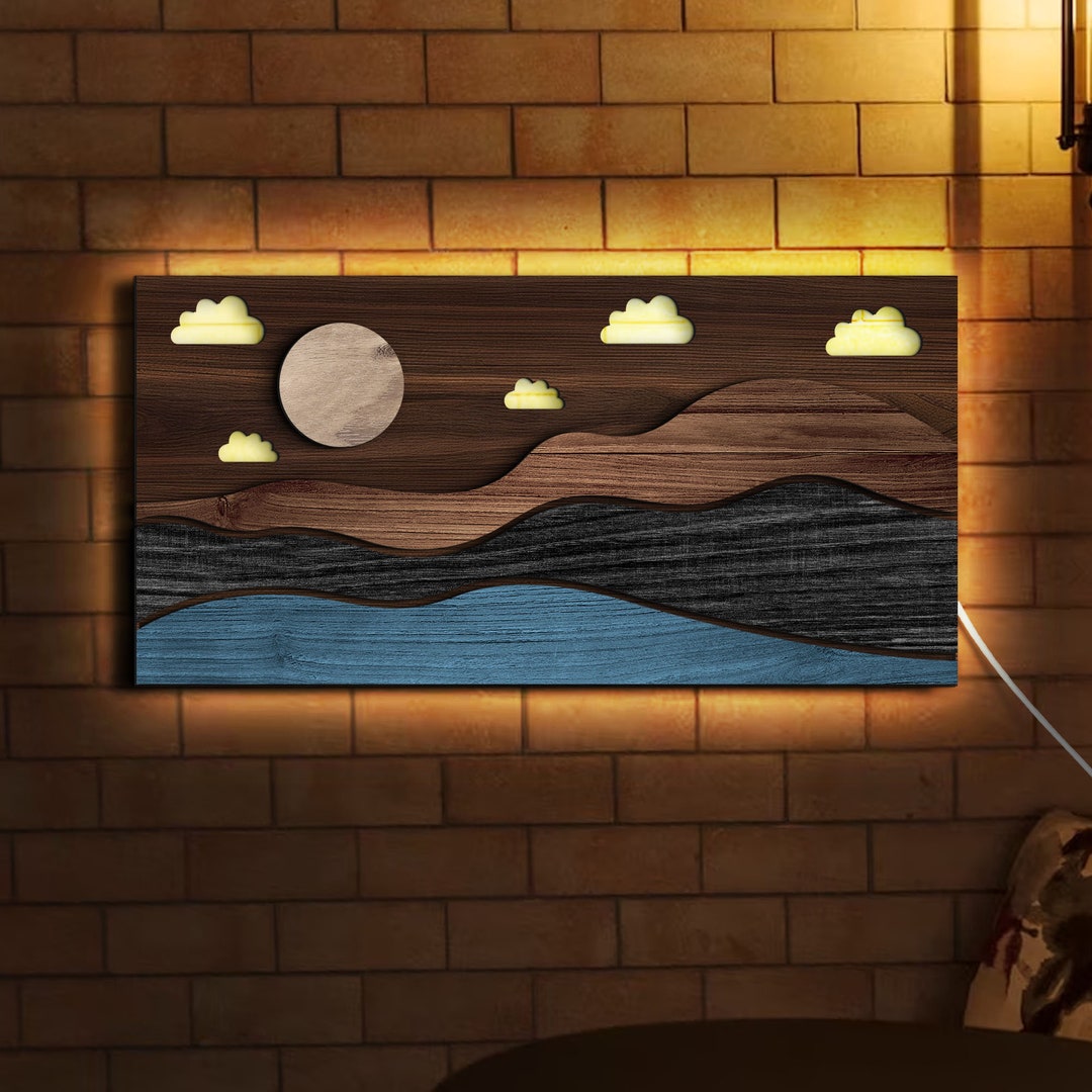 Personalized LED Light Wooden Modern Landscape Painting, Custom ...