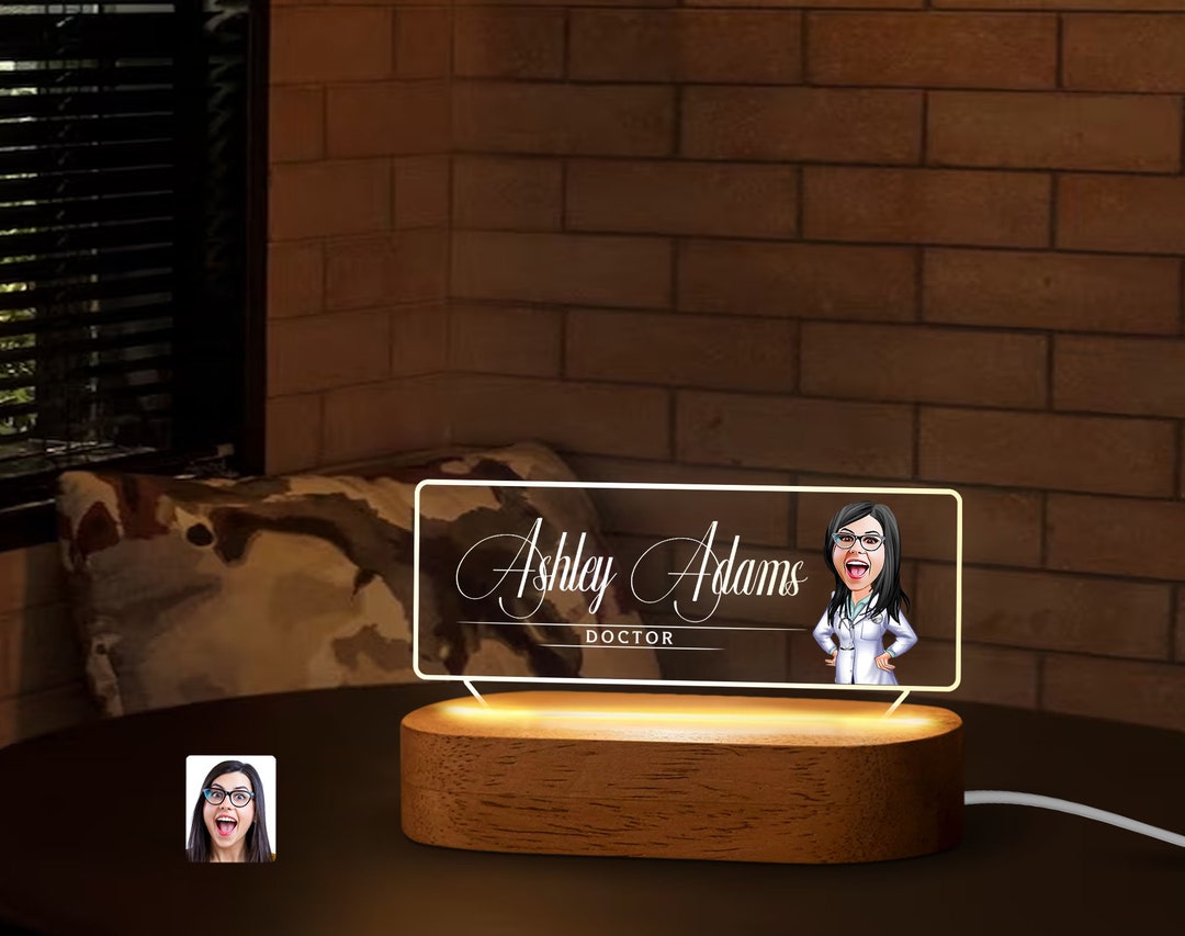 Personalized Cartoon LED Light Doctor Name Plate With Natural Wood Base ...