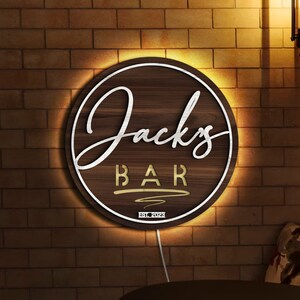Personalized LED Light Wooden Bar Sign, Custom Embossed Round Wood Bar ...