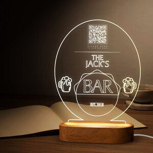 Custom LED Qr Code Menu Sign, LED Decor With Natural Wood Base ...