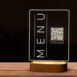 Custom LED Qr Code Menu Sign, LED Decor With Natural Wood Base ...