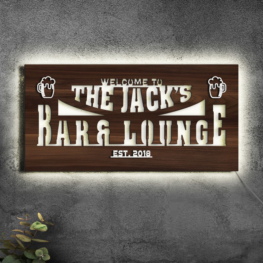 Personalized LED Light Wooden Bar Sign, Custom Embossed Wood Bar Sign ...