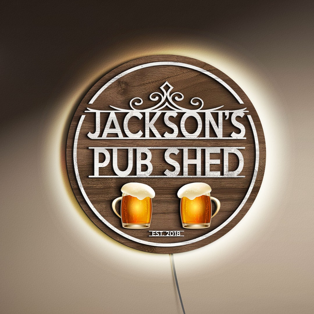 Personalized LED Light Wooden Bar Sign, Custom Embossed Round Wood Bar ...