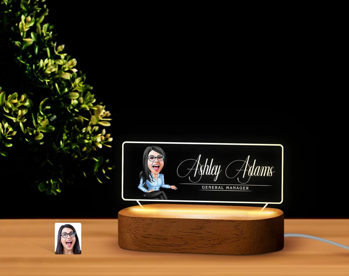Personalized Cartoon LED Light Manager CEO Name Plate With Natural Wood ...