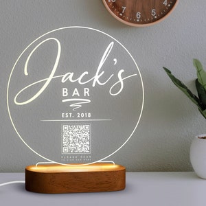 Custom LED Qr Code Menu Sign, LED Decor With Natural Wood Base ...