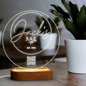 Custom LED Qr Code Menu Sign, LED Decor With Natural Wood Base ...