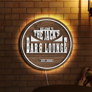 Personalized LED Light Wooden Bar Sign, Custom Embossed Round Wood Bar ...