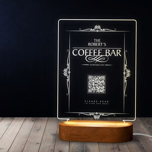 Custom LED Qr Code Menu Sign, LED Decor With Natural Wood Base ...