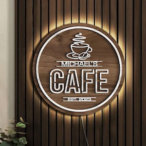 Personalized LED Light Wooden Coffee Bar Sign, Custom Embossed Round ...