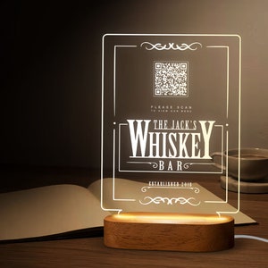 Custom LED Qr Code Menu Sign, LED Decor With Natural Wood Base ...