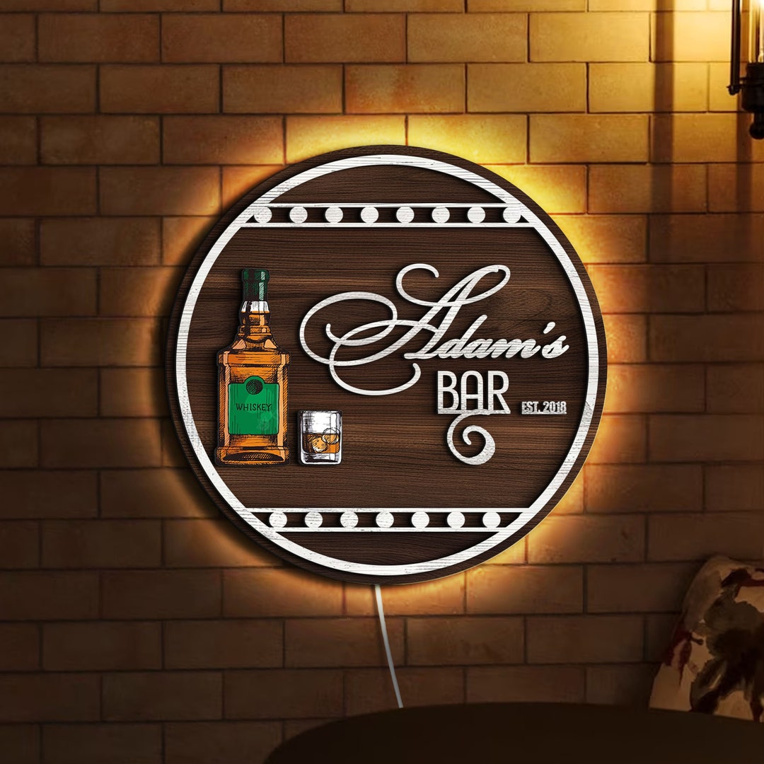 Personalized LED Light Wooden Bar Sign, Custom Embossed Round Wood Bar ...