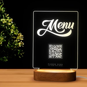 Custom LED Qr Code Menu Sign, LED Decor With Natural Wood Base ...