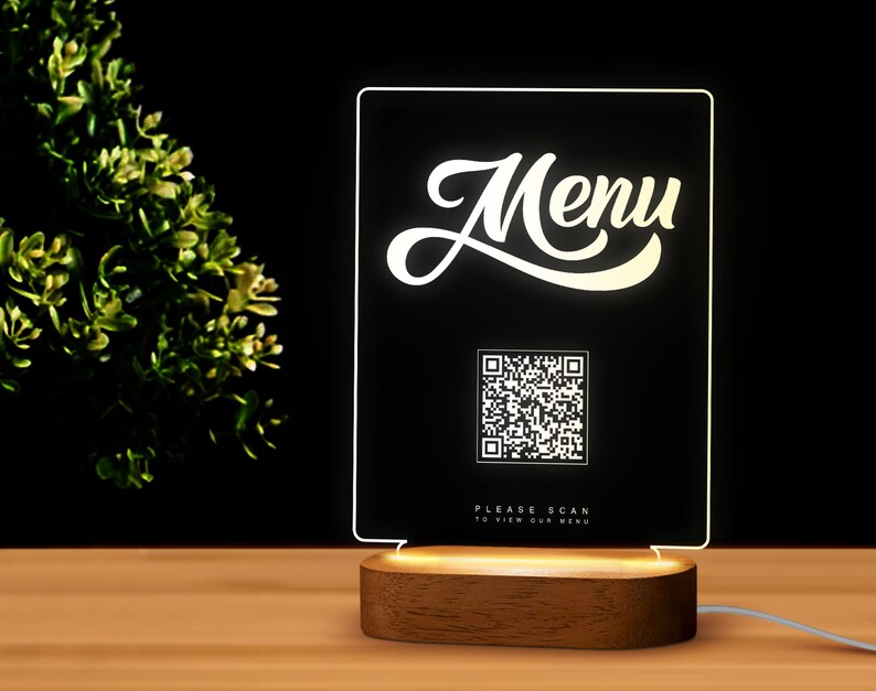 Custom LED Qr Code Menu Sign LED Decor With Natural Wood - Etsy