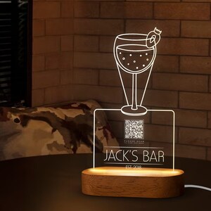 Custom LED Qr Code Menu Sign, LED Decor With Natural Wood Base ...
