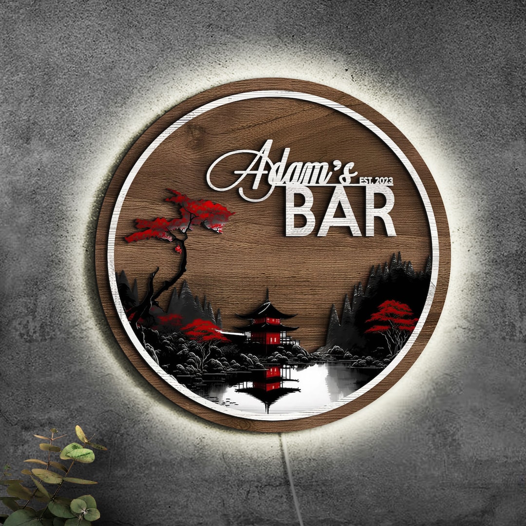 Personalized LED Light Wooden Bar Sign, Custom Embossed Round Wood Bar ...
