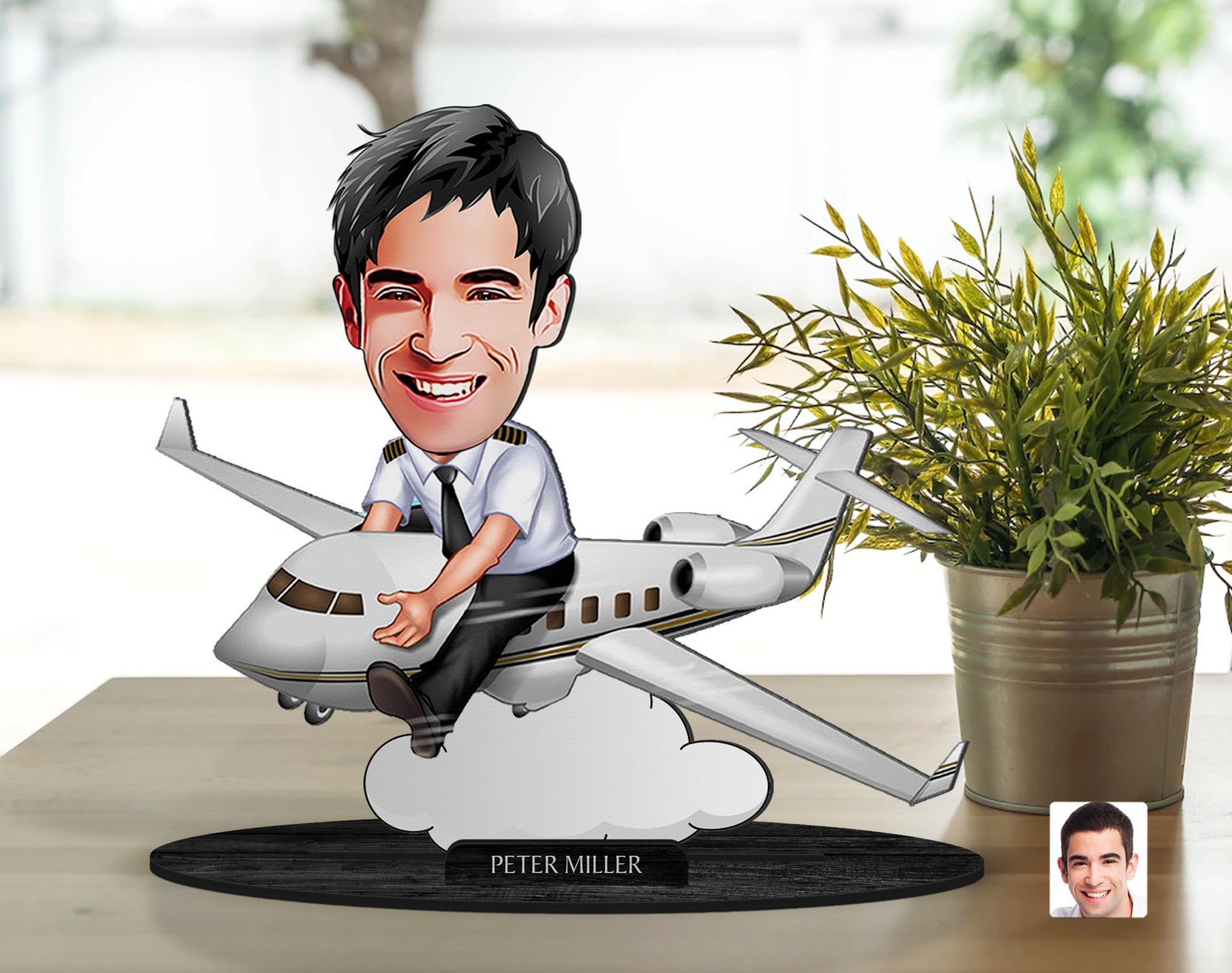 Personalized 3D Wooden Cartooned Captain Pilot Figurine Trinket, Custom ...
