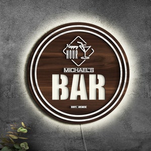 Personalized LED Light Wooden Bar Sign, Custom Embossed Round Wood Bar ...