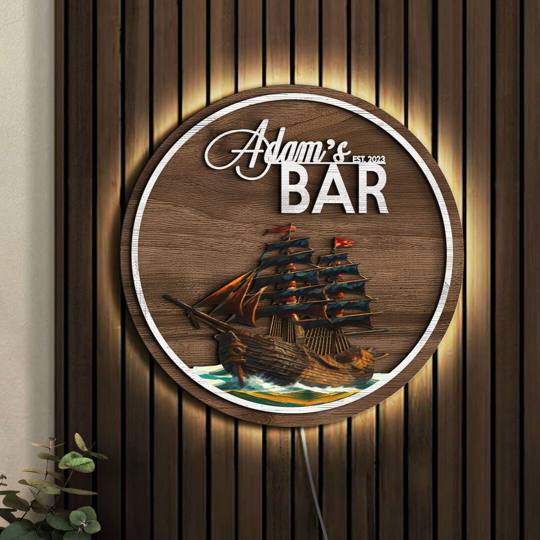 Personalized LED Light Wooden Bar Sign, Custom Embossed Round Wood Bar ...