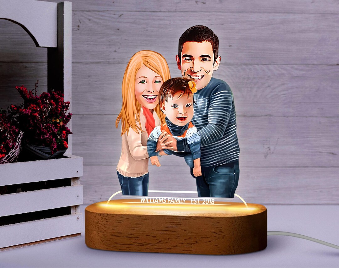 Personalized LED Night Light Family Cartoon With Natural Wood Stand ...