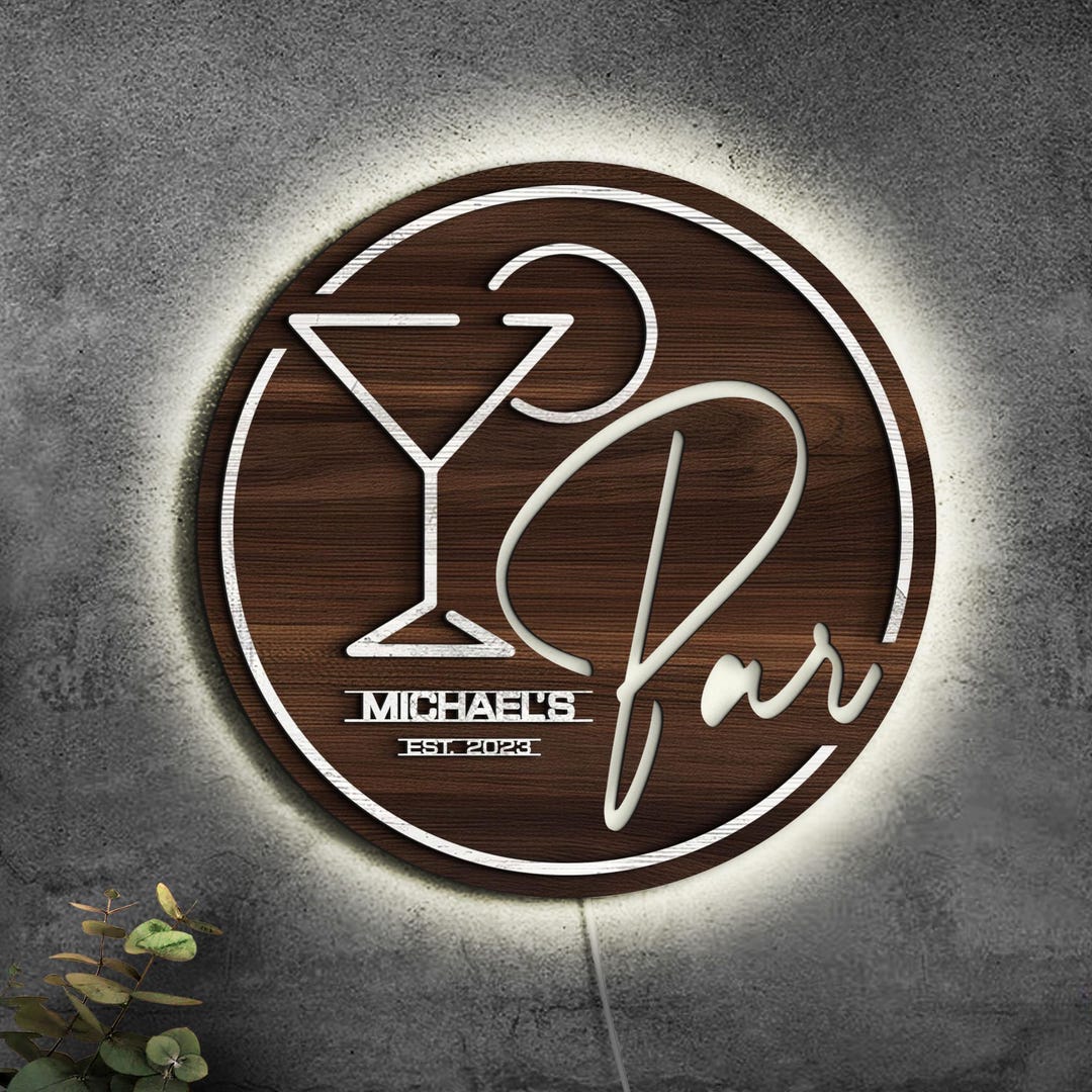 Personalized LED Light Wooden Bar Sign, Custom Embossed Round Wood Bar ...