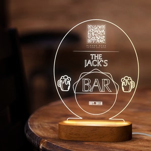 Custom LED Qr Code Menu Sign, LED Decor With Natural Wood Base ...