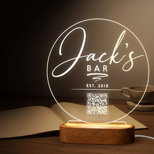 Custom LED Qr Code Menu Sign, LED Decor With Natural Wood Base ...