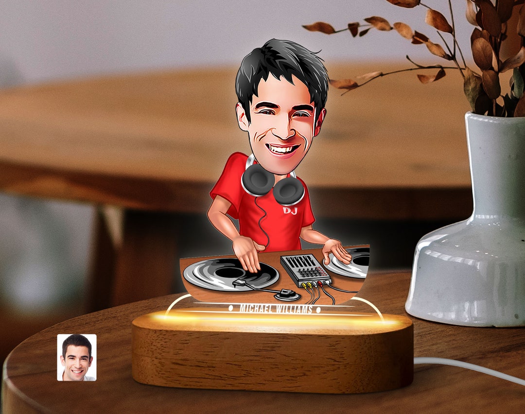 Personalized LED Light Cartoon DJ Figurine With Natural Wooden Stand ...