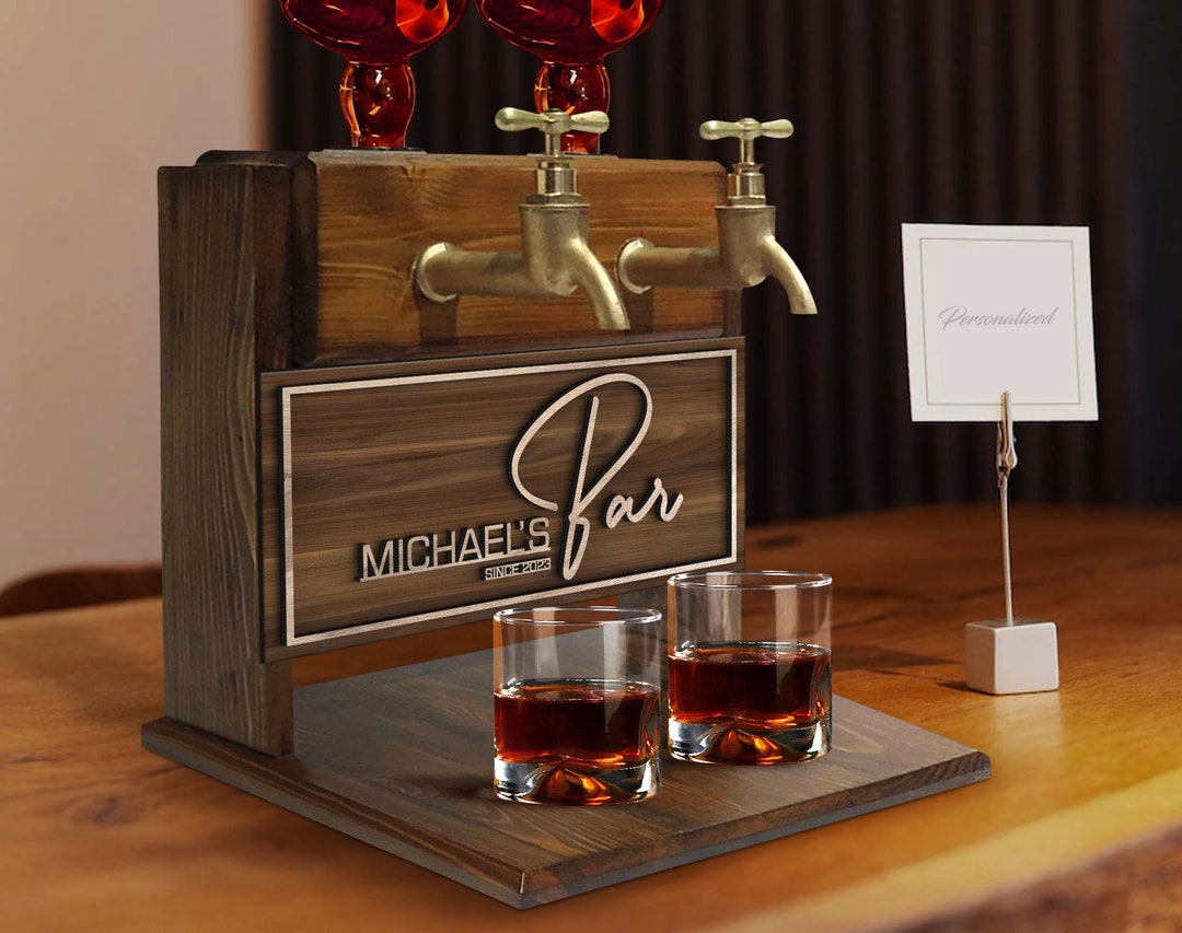 Personalized Embossed Named Wooden Double Faucet Whiskey Dispenser, Bar ...