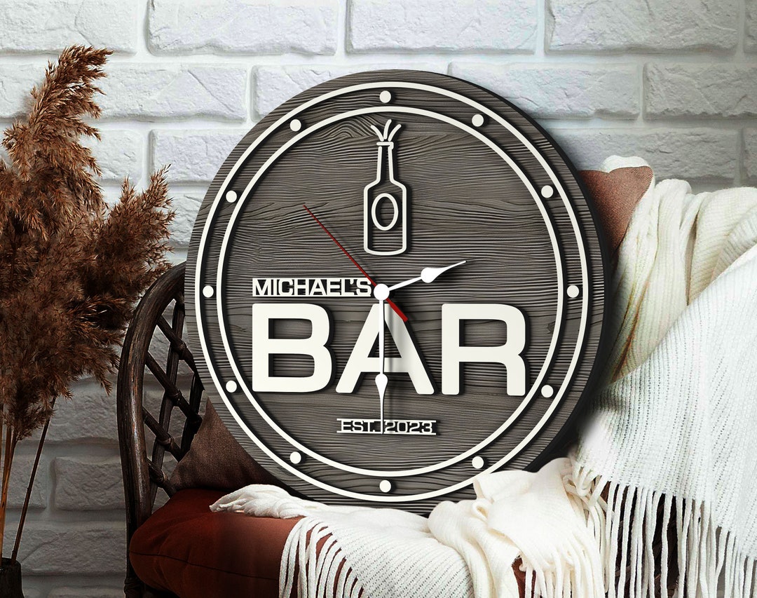 Personalized Bar Sign, 3D Round Wooden Wall Clock, Custom Wood Sign ...
