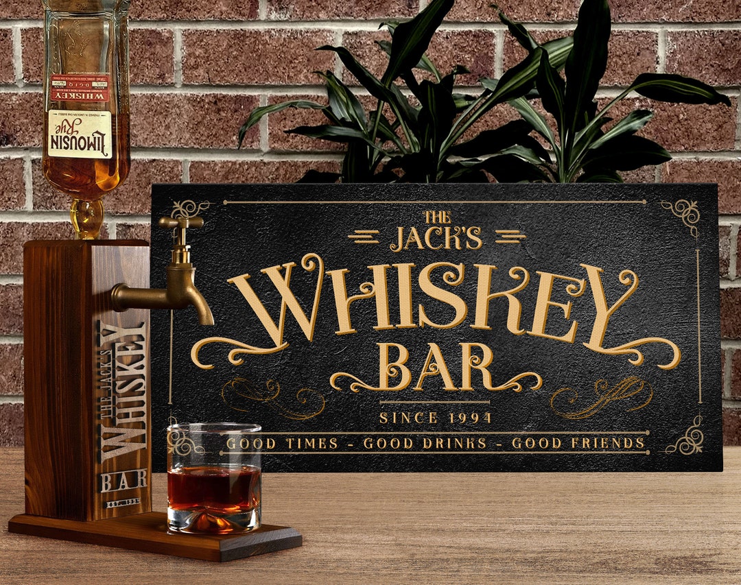 Personalized Whiskey Bar Canvas Painting Sign and Embossed Named Wooden ...