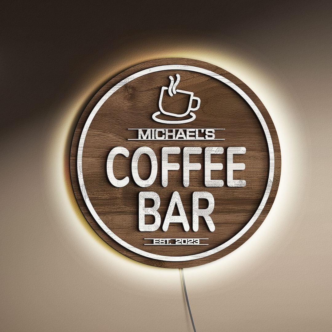Personalized LED Light Wooden Coffee Bar Sign, Custom Embossed Round ...