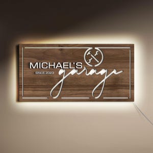 Personalized LED Light Wooden Garage Sign, Custom Embossed Wood Sign ...