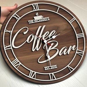 Personalized Coffee Bar Clock Sign, 3D Round Wooden Wall Clock, Custom ...