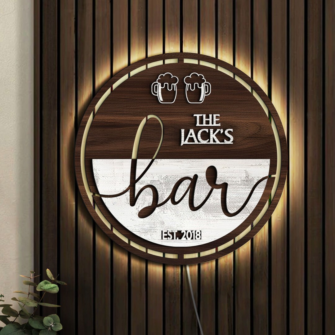 Personalized LED Light Wooden Bar Sign, Custom Embossed Round Wood Bar ...