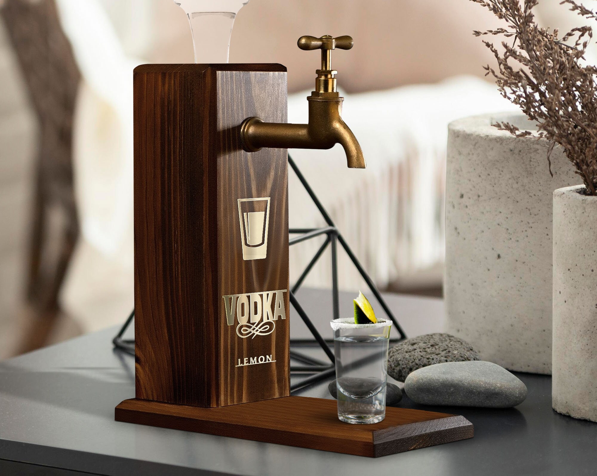 Natural Wood Gilded Mirror Vodka Dispenser, Alcoholic Drink Dispenser ...