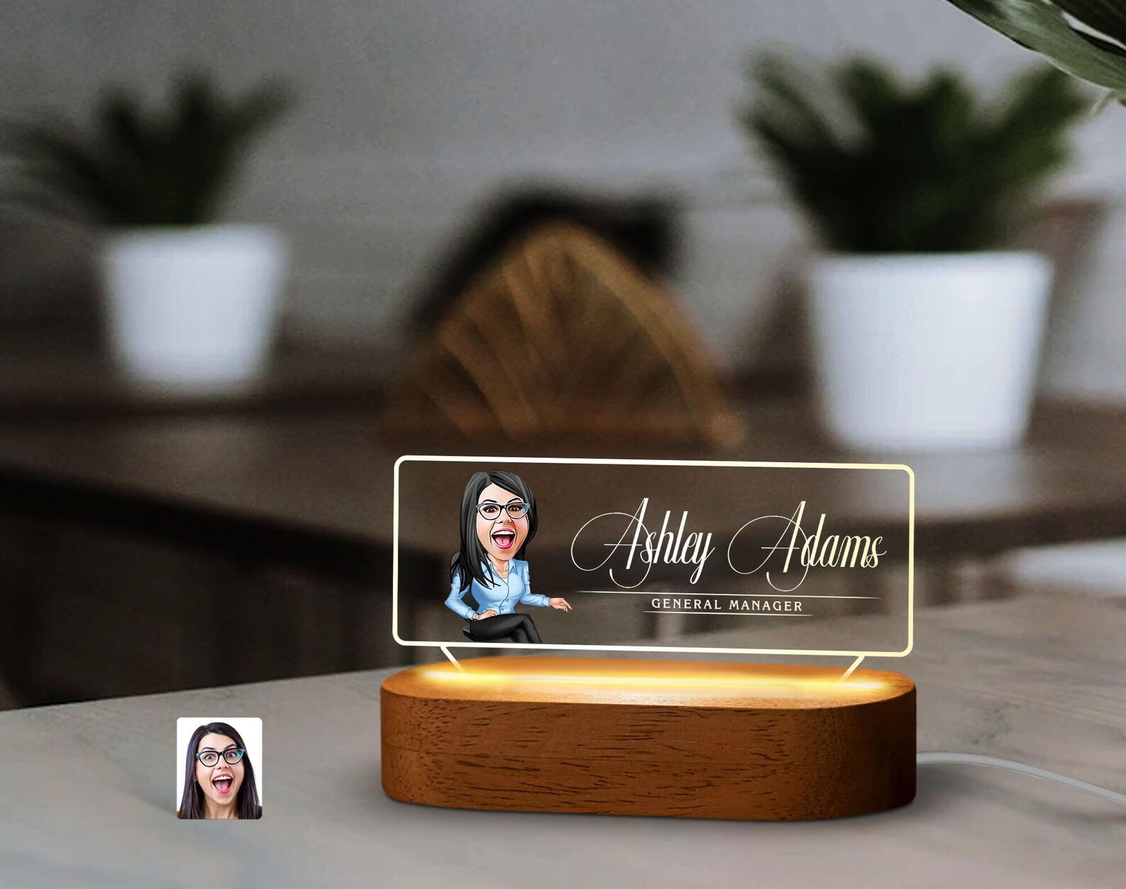 Personalized Cartoon LED Light Manager CEO Name Plate With Natural Wood ...