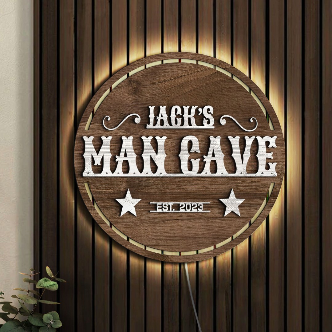 Personalized LED Light Wooden Bar Sign, Custom Embossed Round Wood Bar ...