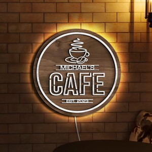 Personalized LED Light Wooden Coffee Bar Sign, Custom Embossed Round ...