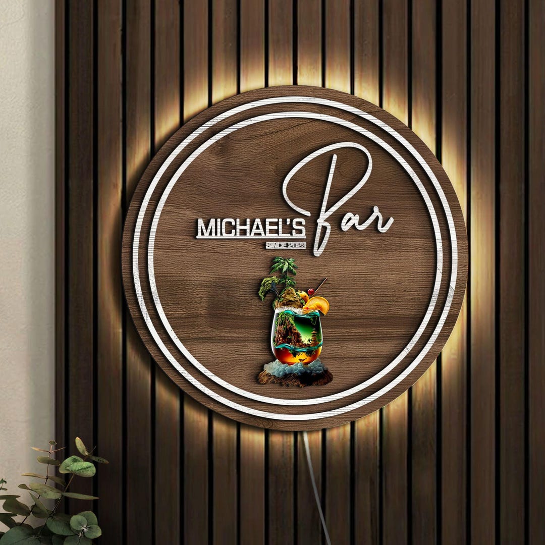 Personalized LED Light Wooden Bar Sign, Custom Embossed Round Wood Bar ...