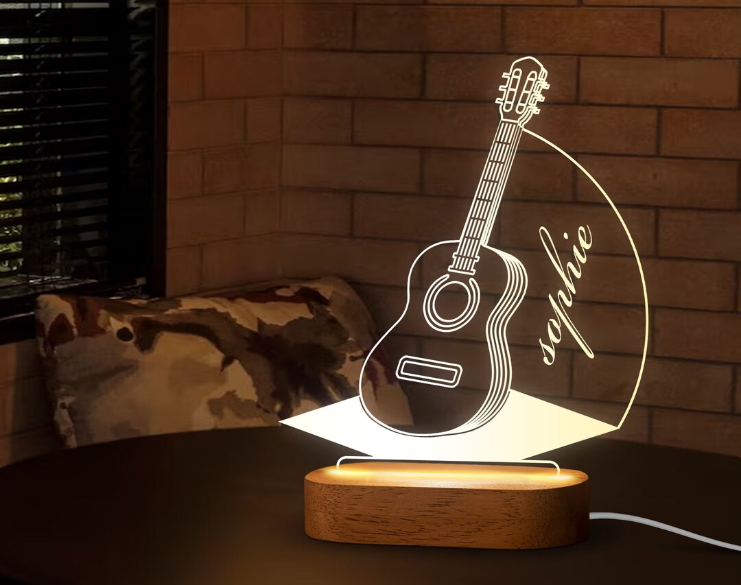 Custom Guitar Figure LED Night Light Decor With Natural Wood Base ...