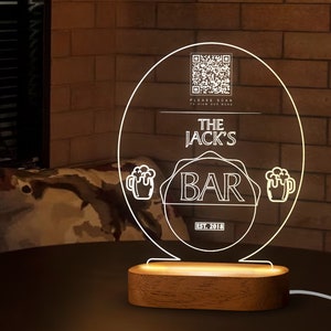 Custom LED Qr Code Menu Sign, LED Decor With Natural Wood Base ...