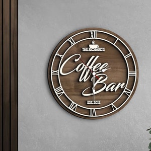 Personalized Coffee Bar Clock Sign, 3D Round Wooden Wall Clock, Custom ...