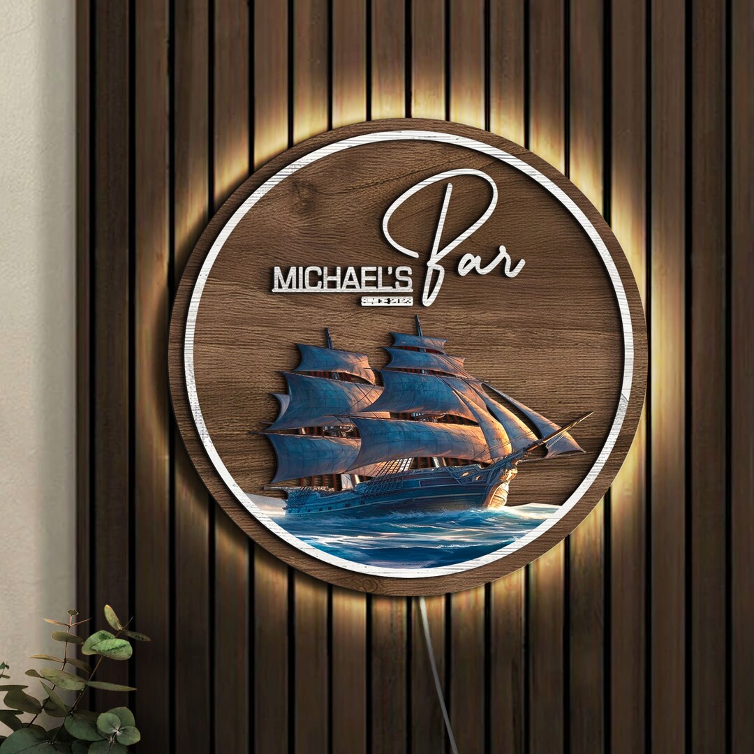 Personalized LED Light Wooden Bar Sign, Custom Embossed Round Wood Bar ...
