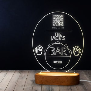 Custom LED Qr Code Menu Sign, LED Decor With Natural Wood Base ...