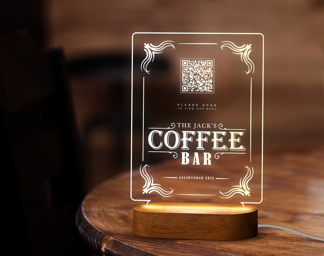Custom LED Qr Code Menu Sign, LED Decor With Natural Wood Base ...