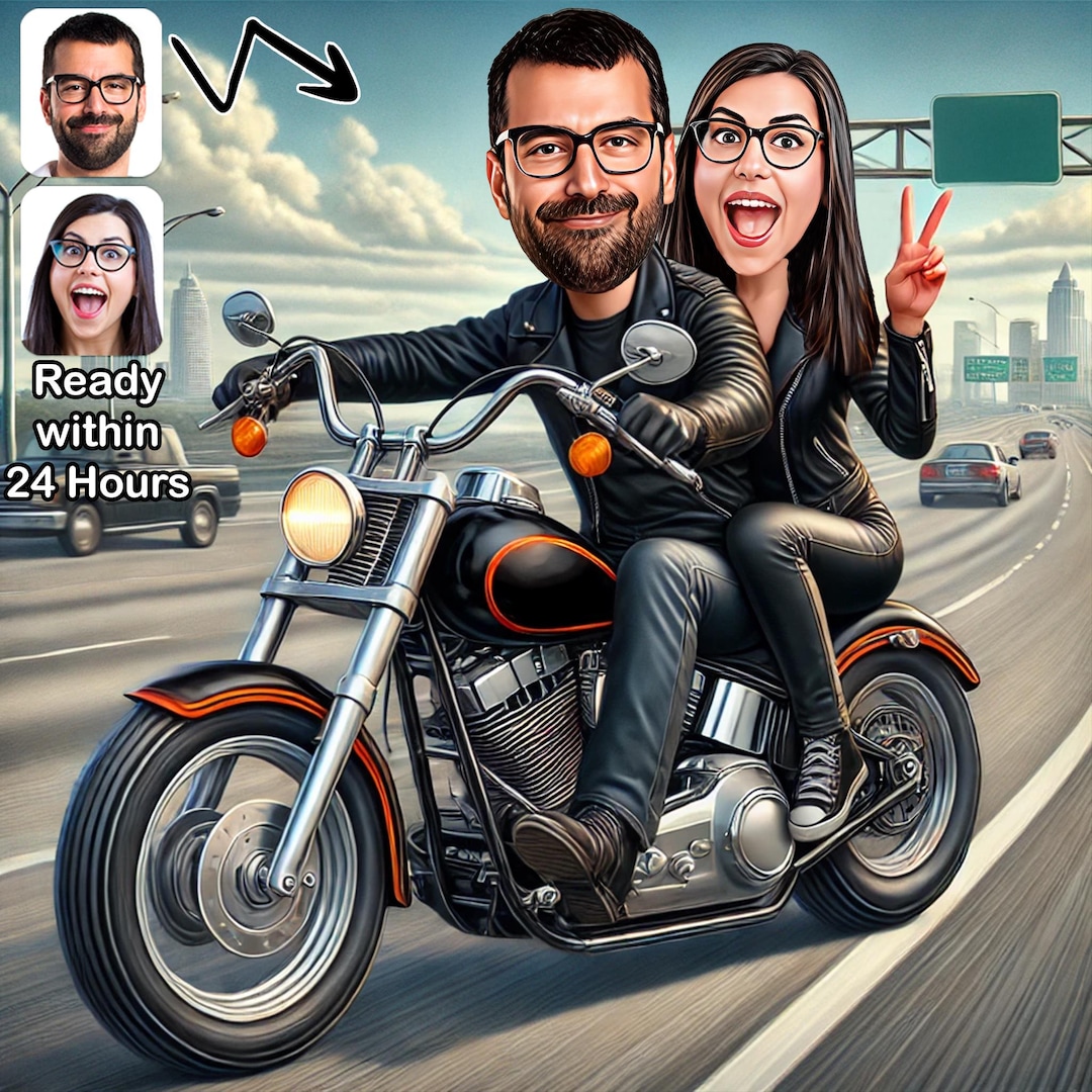 Chopper Style Motorcycle Couple Drawing, Personalized Biker Portrait ...