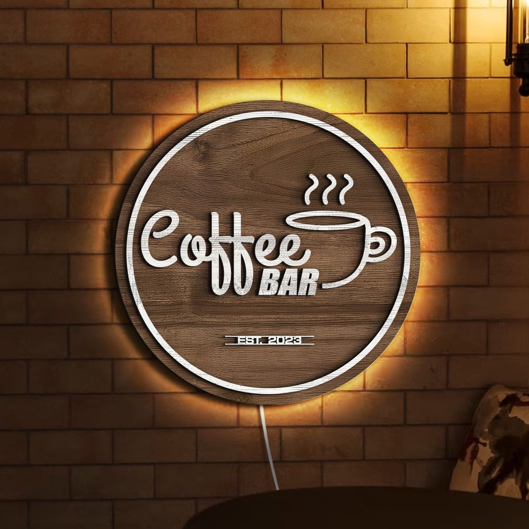 Personalized LED Light Wooden Coffee Bar Sign, Custom Embossed Round ...